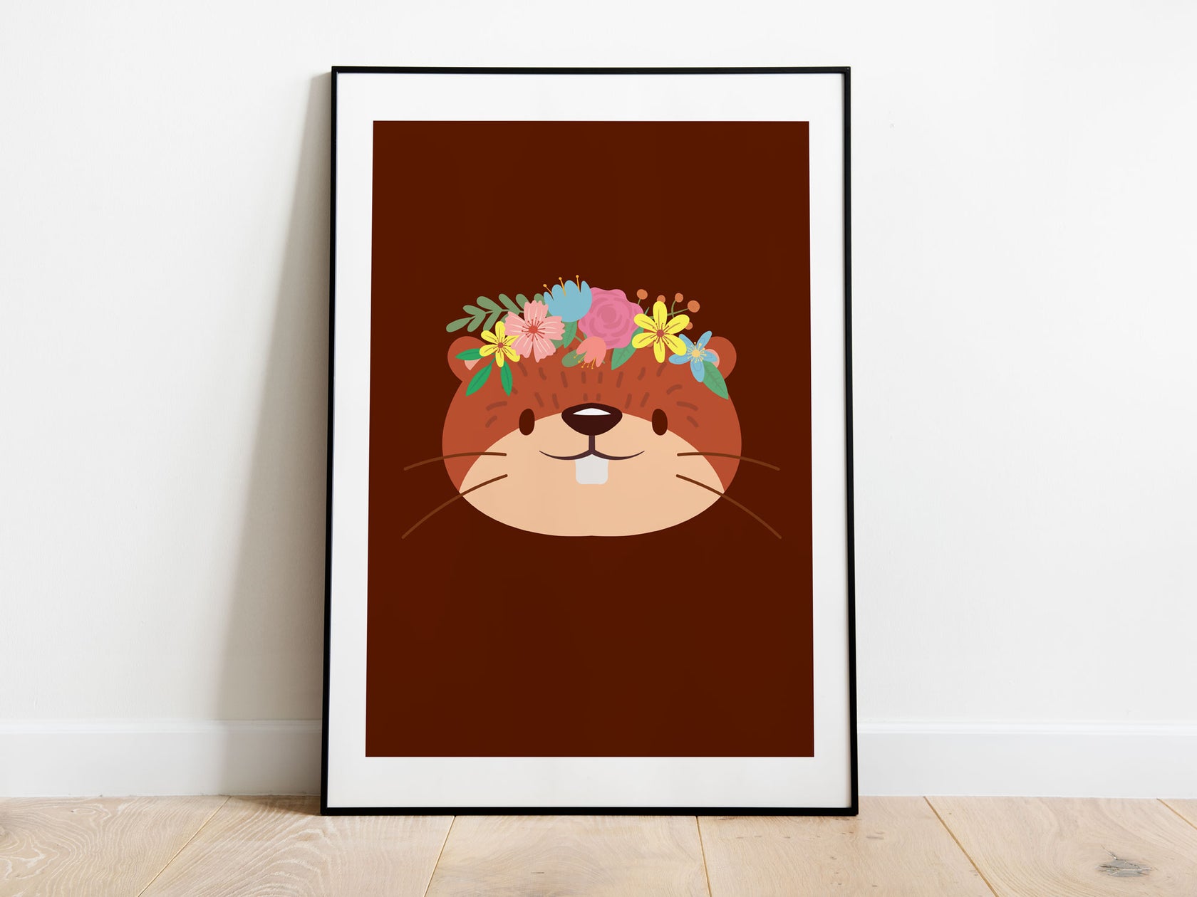 Affiche castor Animaux portrait romantique à couronne de fleurs ...