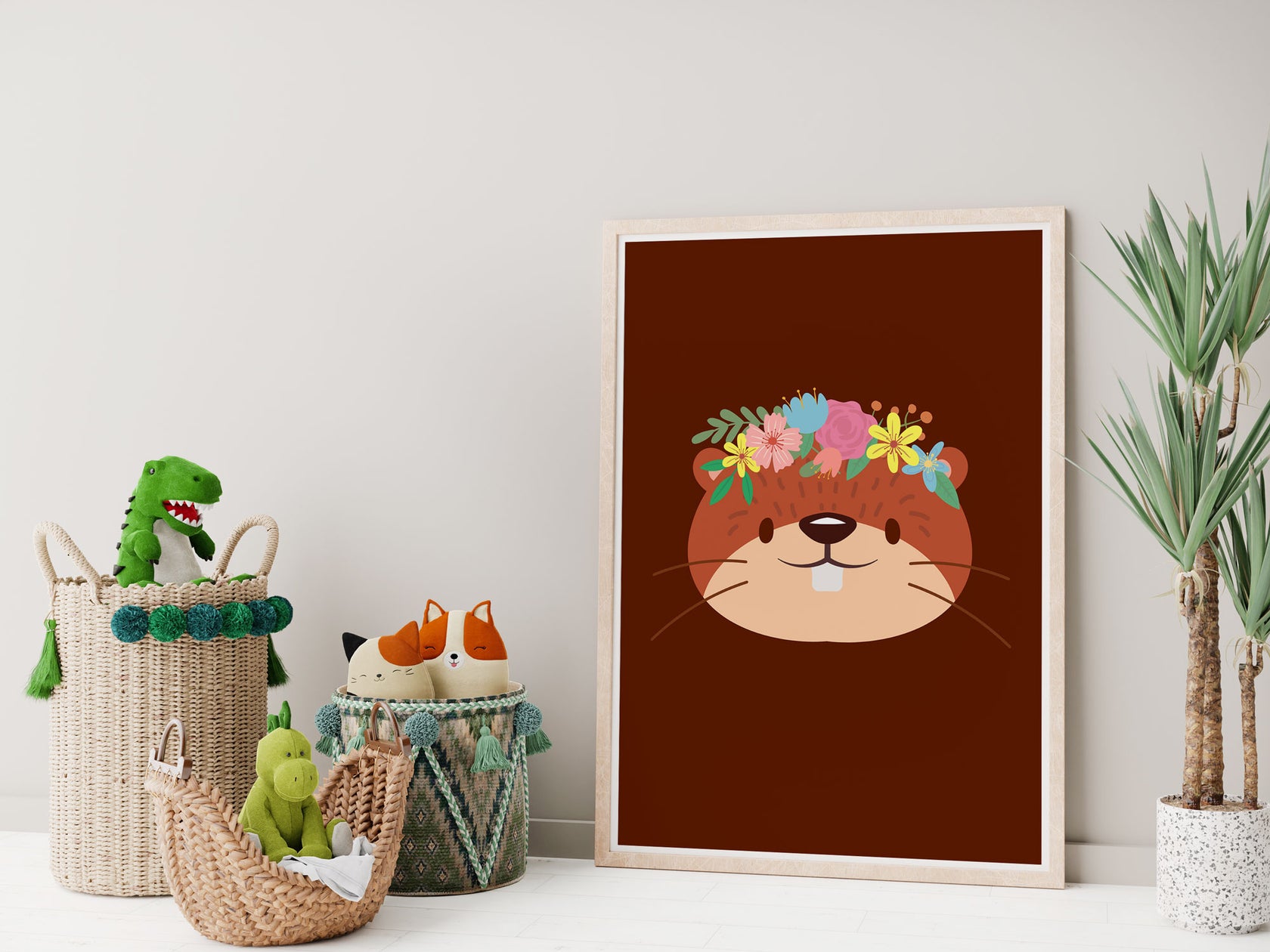 Affiche castor Animaux portrait romantique à couronne de fleurs ...